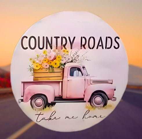 🌸 Pink Vintage Truck Magic: “Country Roads” Round Sign 🚚 - Essential ...
