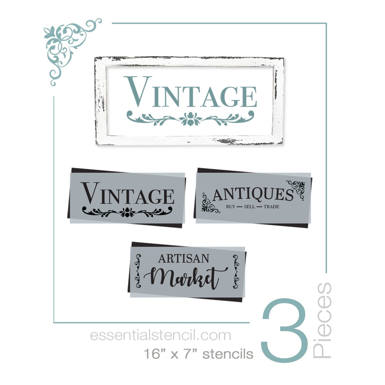 Reusable Antique Stencil Set (3 Pack) | DIY Sign Decor - Essential Stencil