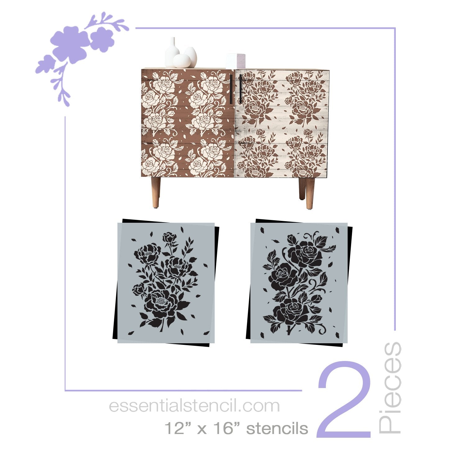 Reusable Rose and Peony Floral Pattern Stencil Set (2 Pack) - Essential ...
